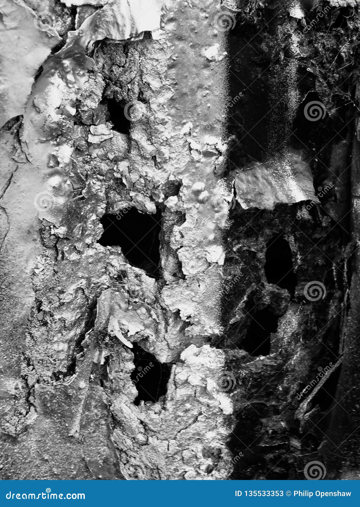 Shining Silver Rusting Peeling Flaking Metal Surface with Holes and ...