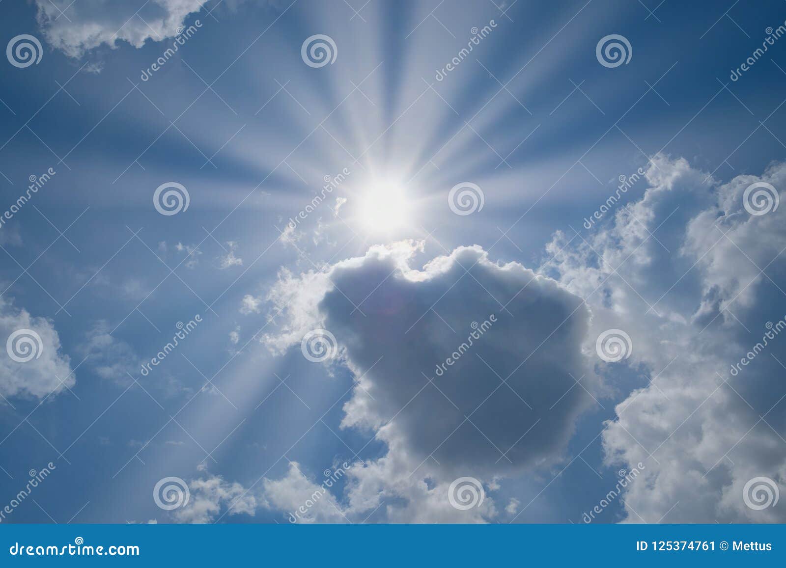 Shining Sun Half Hide by Clouds. Beautiful Blue Sky with Sunbeams and ...