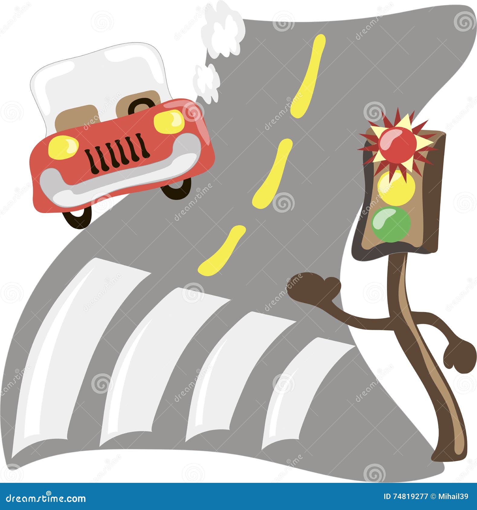 Shining Traffic Light and Car in Road. Cartoon Vector Illustration ...
