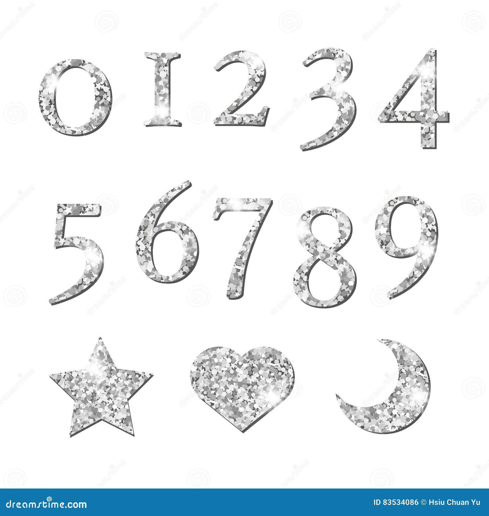 Shinning Silver Numbers and Moon Star Heart Pattern Stock Illustration ...