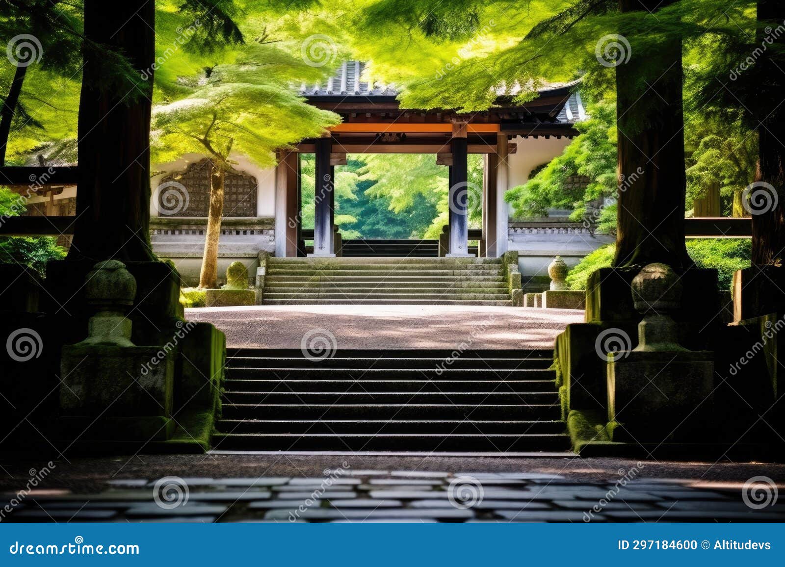 Shinto Shrine Gate at the End of a Stone Pathway Stock Illustration ...