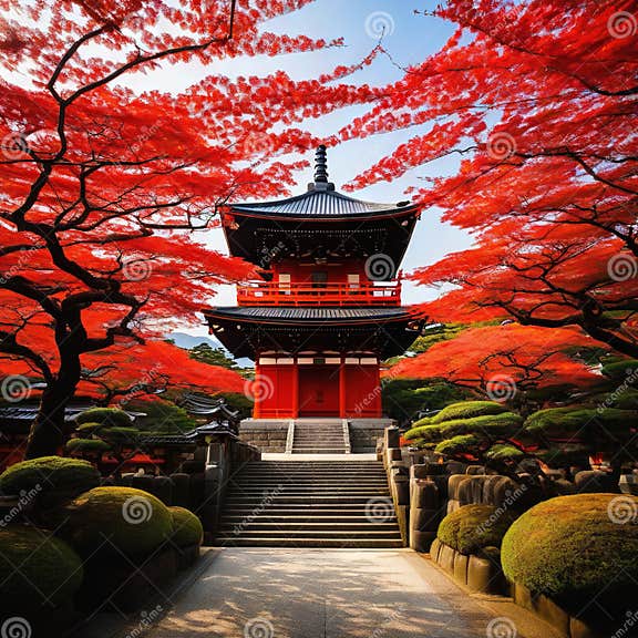 Shinto Shrine with Red Maple Trees in Designed Using Stock Illustration ...