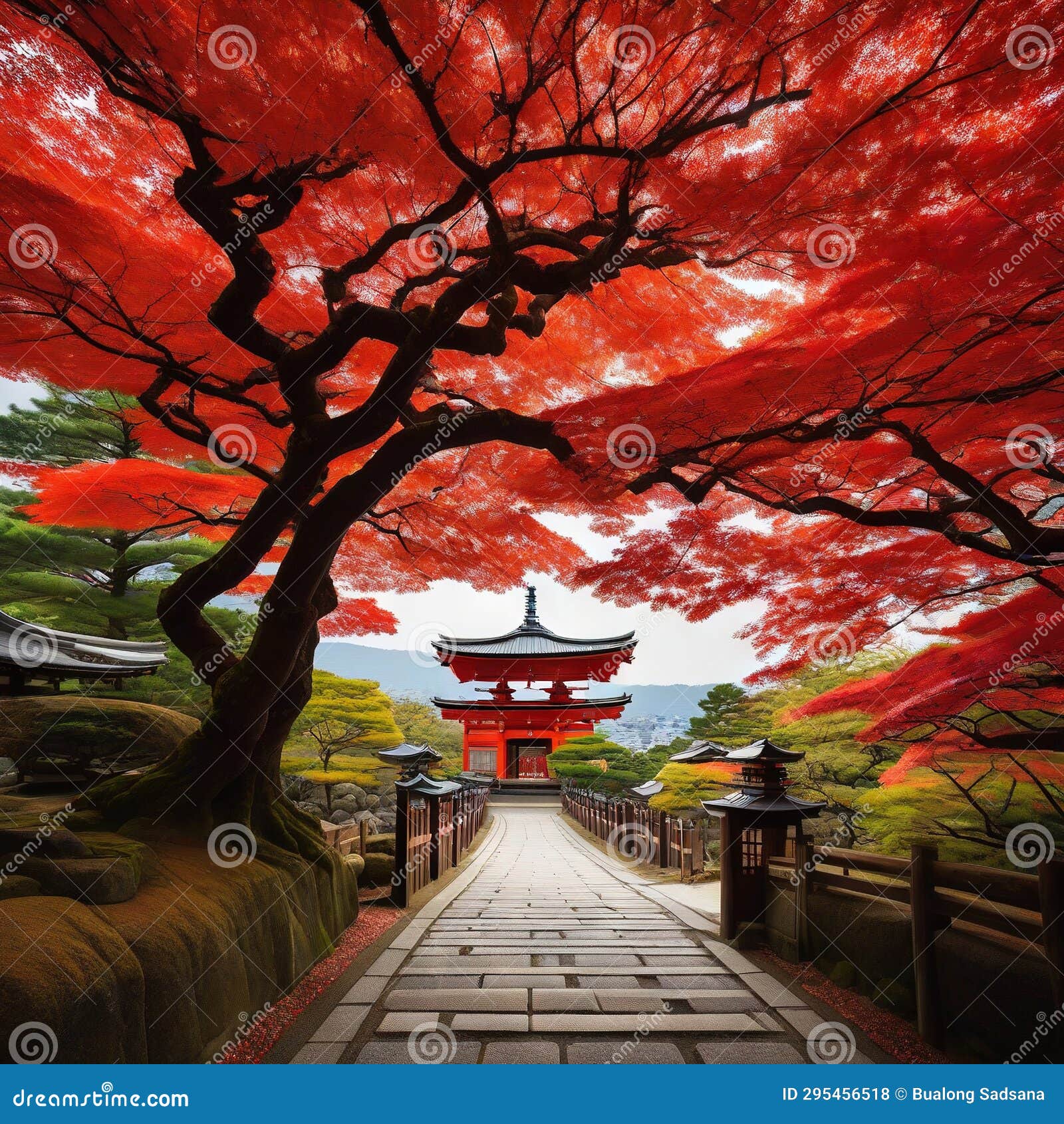 Shinto Shrine with Red Maple Trees in Designed Using Stock Illustration - Illustration of ...