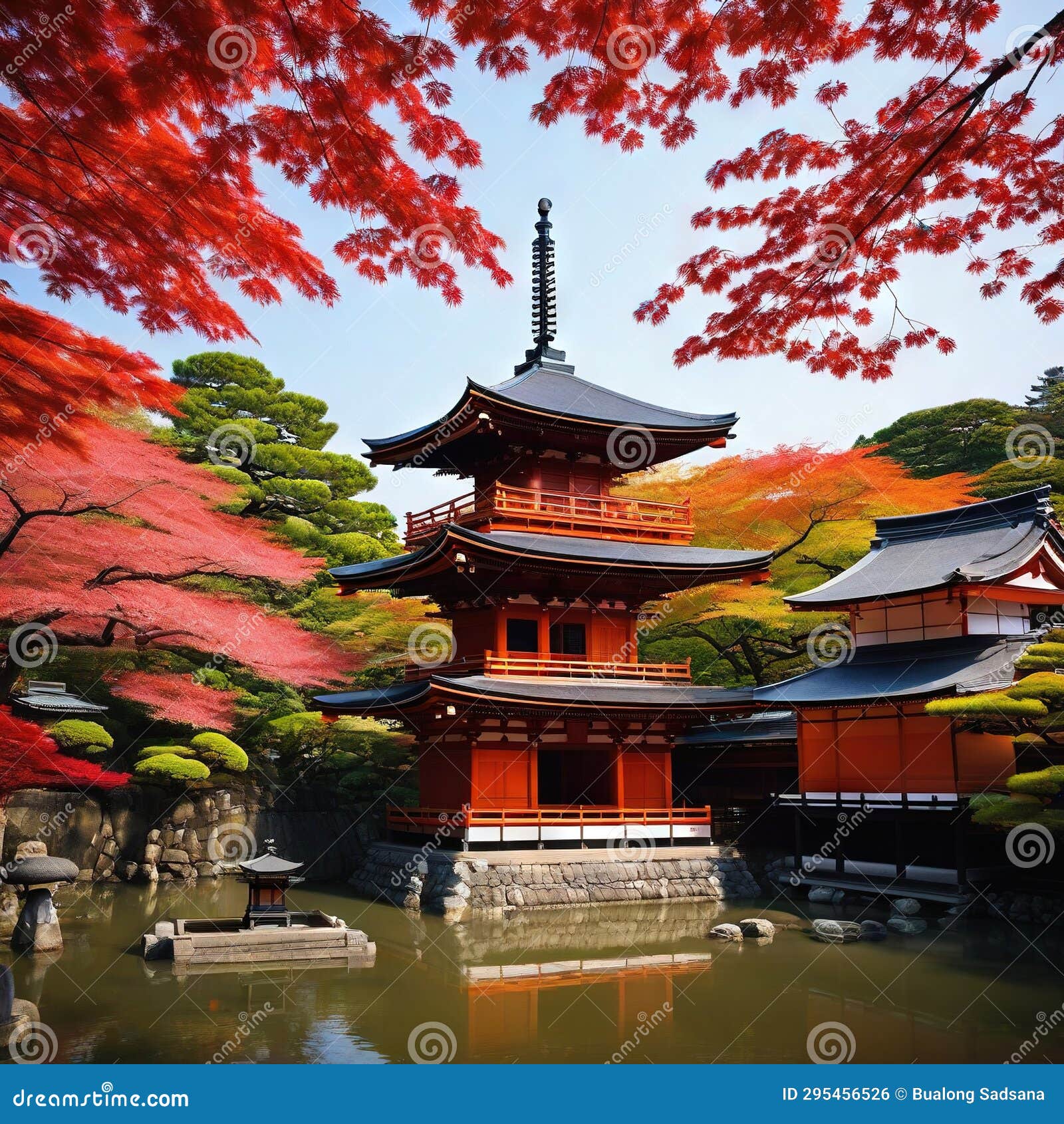 Shinto Shrine with Red Maple Trees in Designed Using Stock Illustration ...