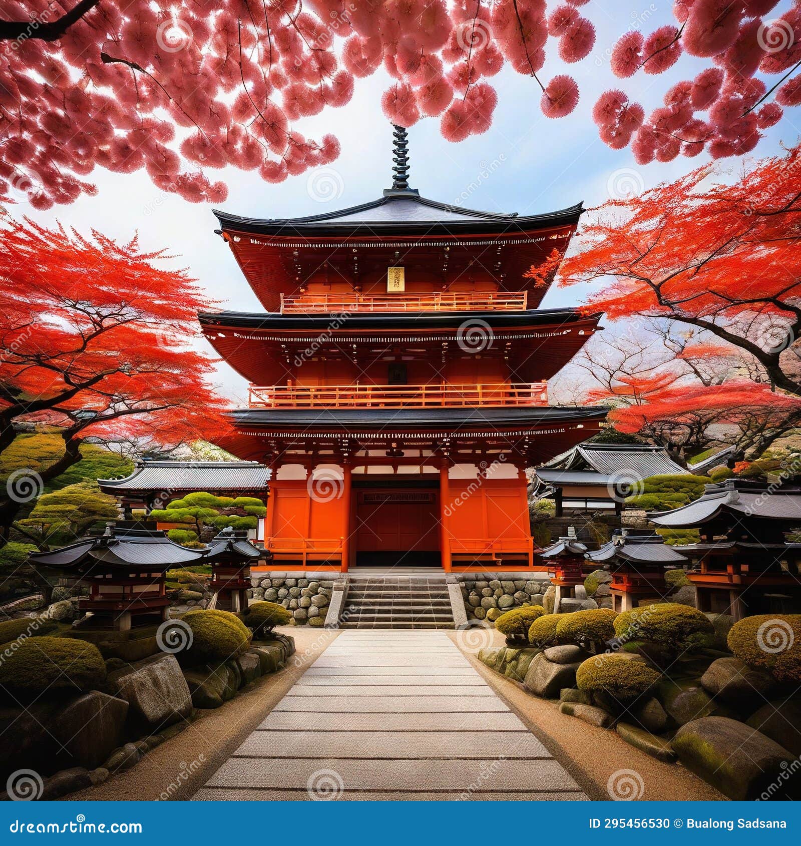 Shinto Shrine with Red Maple Trees in Designed Using Stock Illustration ...