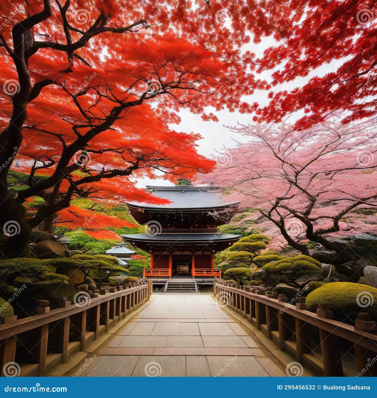 Shinto Shrine with Red Maple Trees in Designed Using Stock Illustration ...