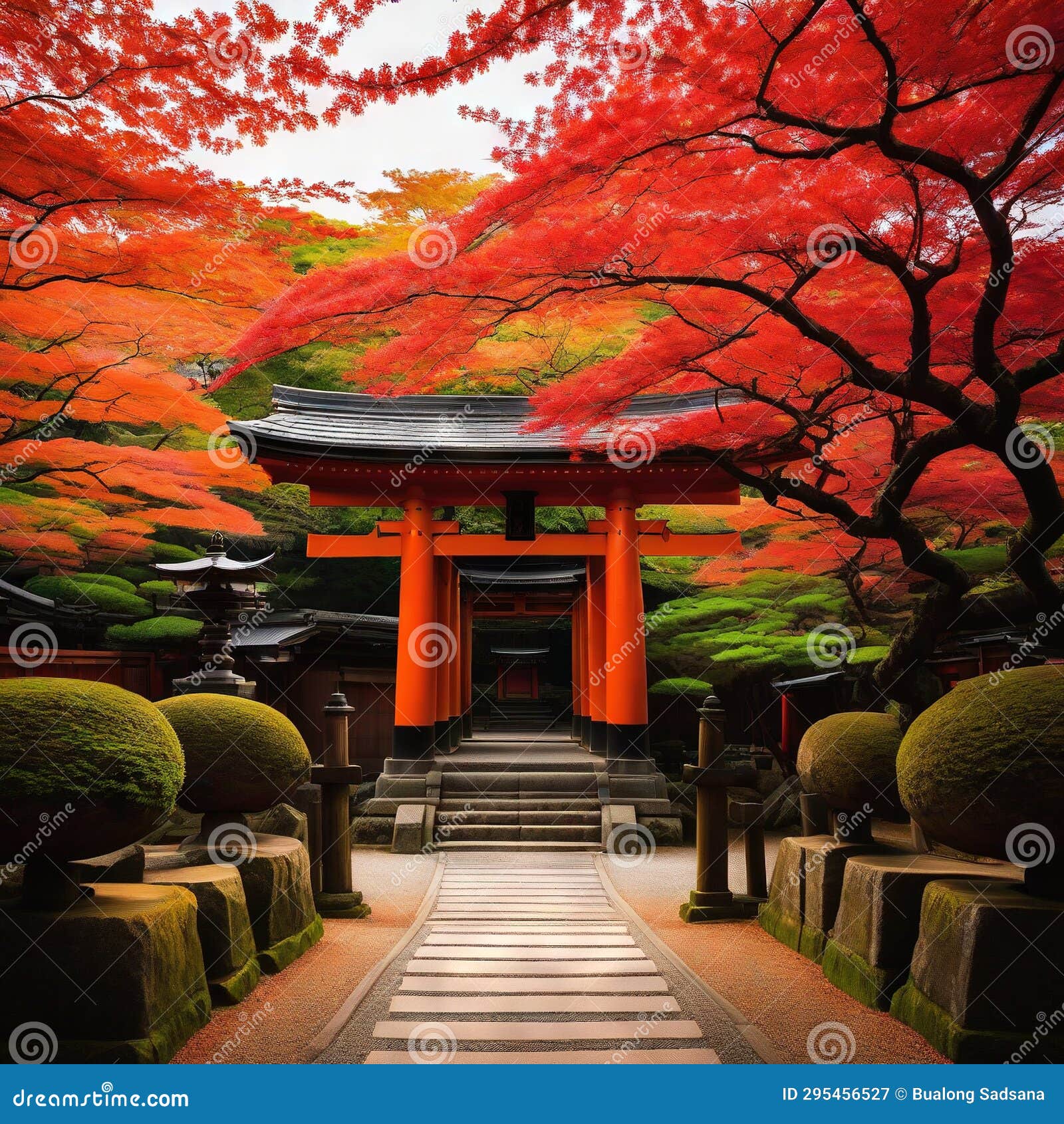 Shinto Shrine with Red Maple Trees in Designed Using Stock Illustration ...