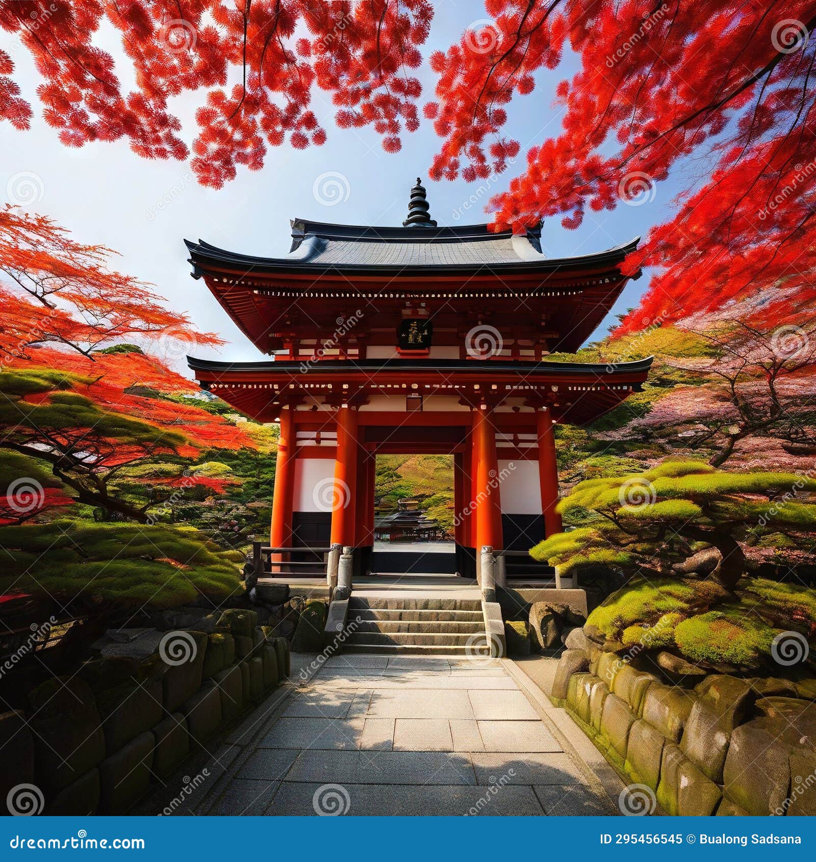 Shinto Shrine with Red Maple Trees in Designed Using Stock Illustration ...