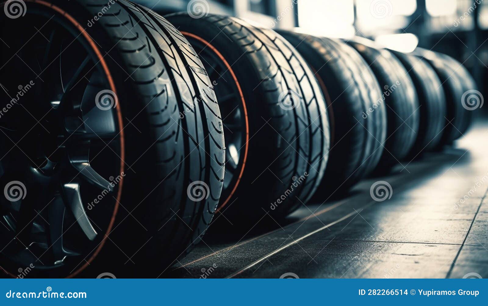 Shiny Alloy Wheel in a Row, Close Up of Tire Pattern Generated by AI ...