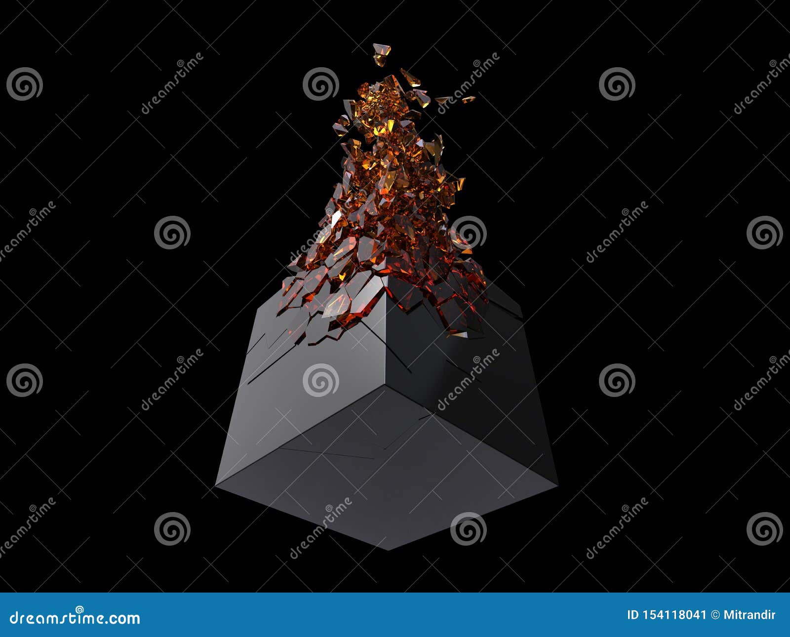 Shiny Black Cube Shattering into Small Amber Crystals Stock ...