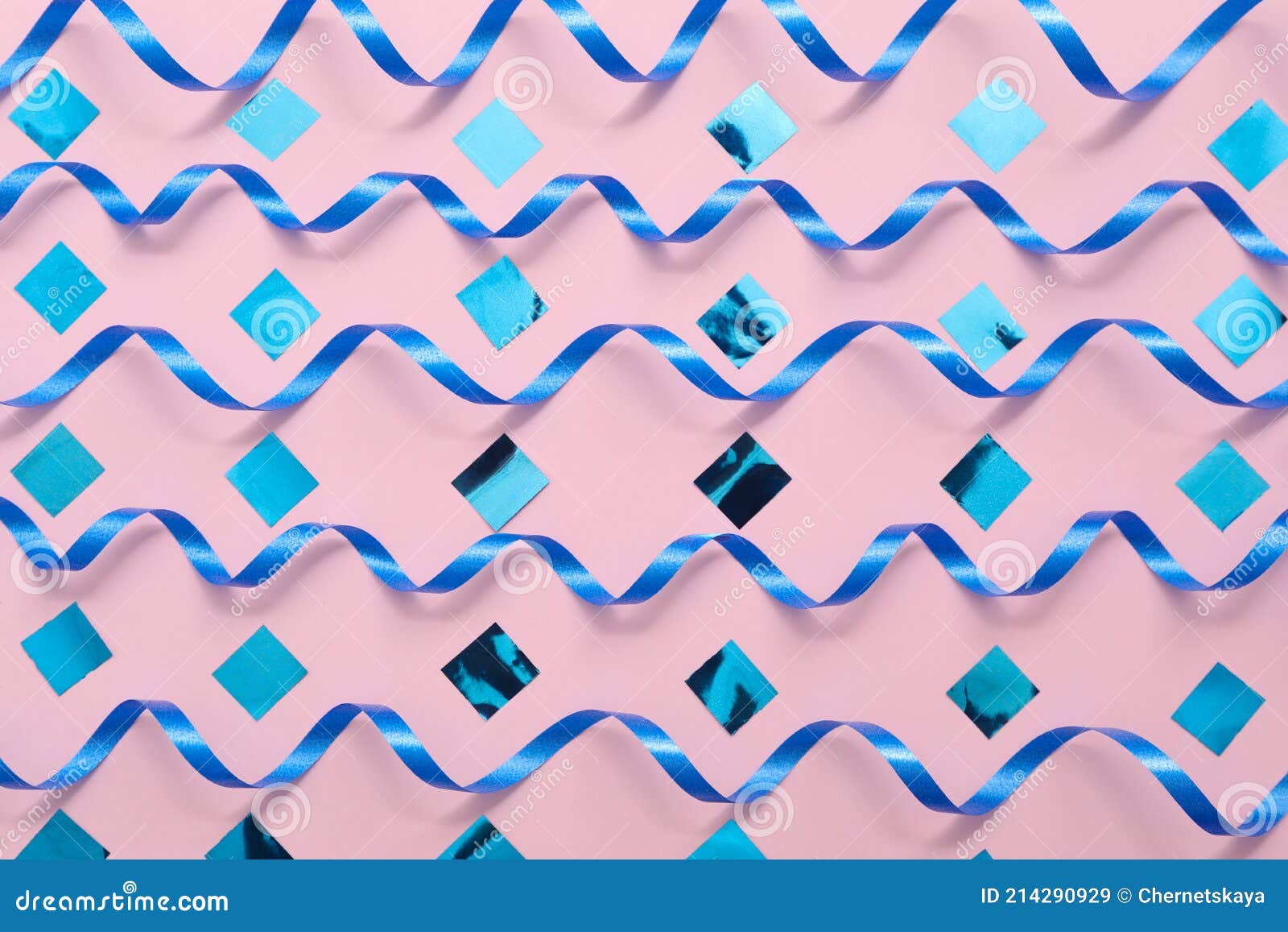 Shiny Blue Serpentine Streamers and Confetti on Pink Background, Flat ...
