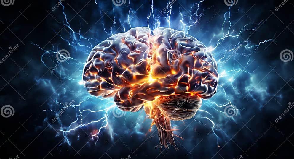 Shiny Brain in between Thunder Lightning on Dark Background Stock ...