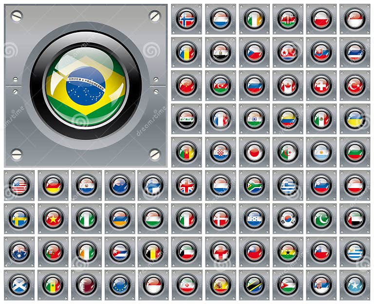 Shiny Button Flags with Metal Frame Collection Stock Illustration ...