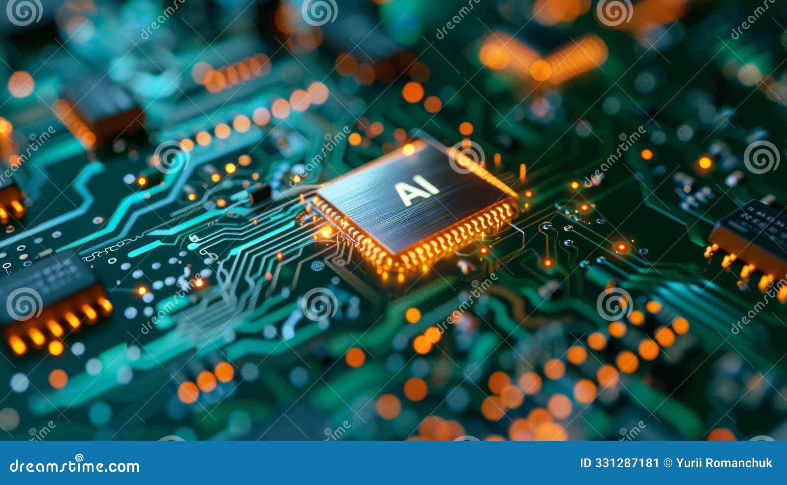Shiny Chrome Computer Chip with Ai Etching on Green Circuit Board ...