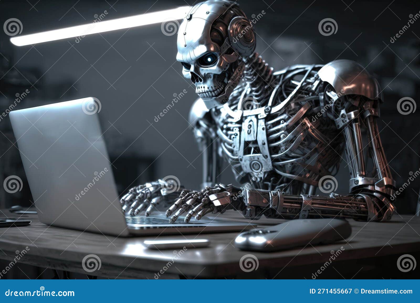 Shiny Chrome Exoskeleton Android Robot Typing on a Laptop. AI Generated ...