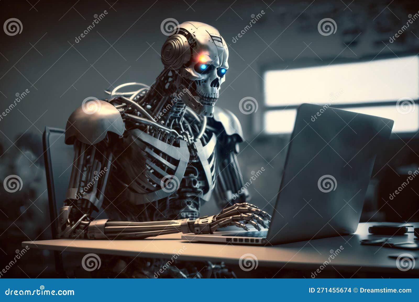 Shiny Chrome Exoskeleton Android Robot Typing On A Laptop. AI Generated ...