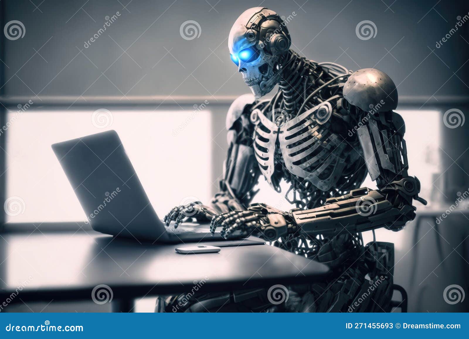 Shiny Chrome Exoskeleton Android Robot Typing On A Laptop. AI Generated ...