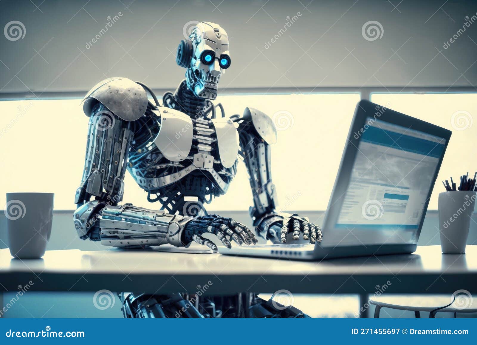 Shiny Chrome Exoskeleton Android Robot Typing On A Laptop. AI Generated ...
