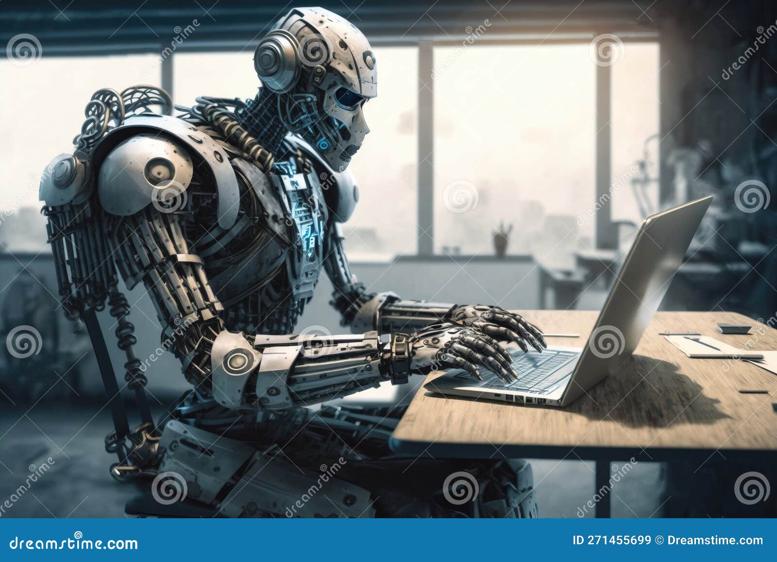 Shiny Chrome Exoskeleton Android Robot Typing On A Laptop. AI Generated ...