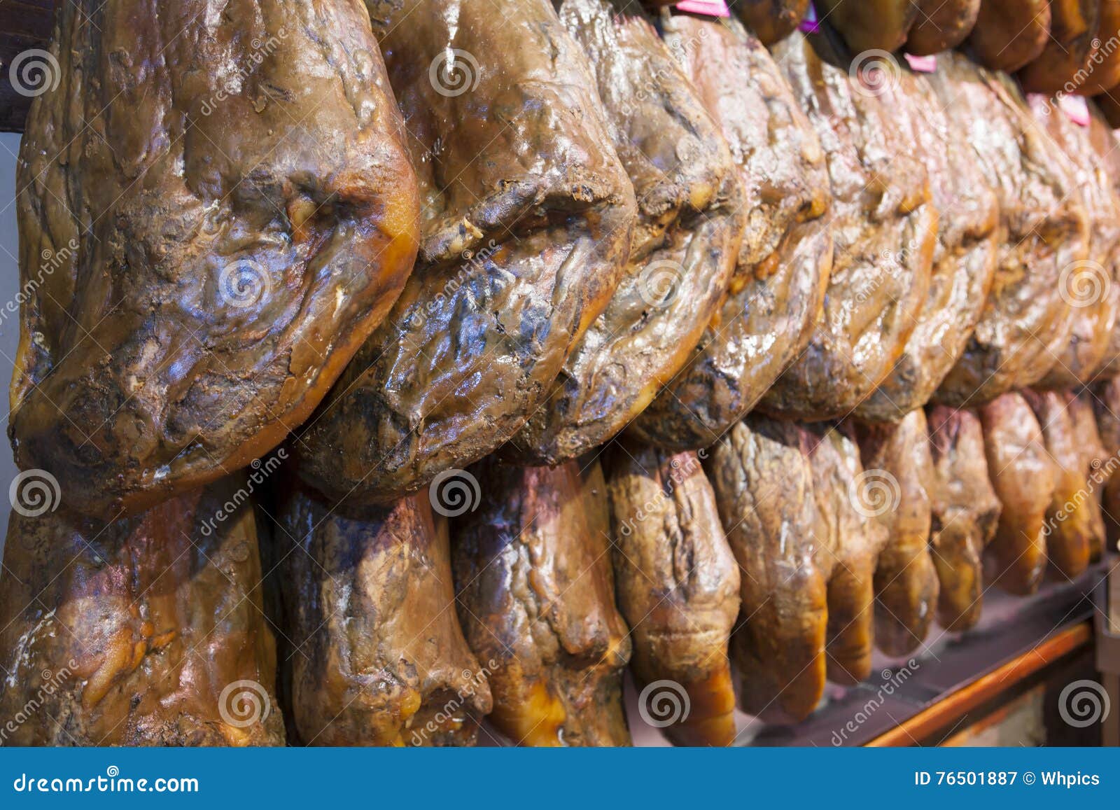 Shiny Cured Iberico Ham Hanging Legs Stock Image - Image of dried ...