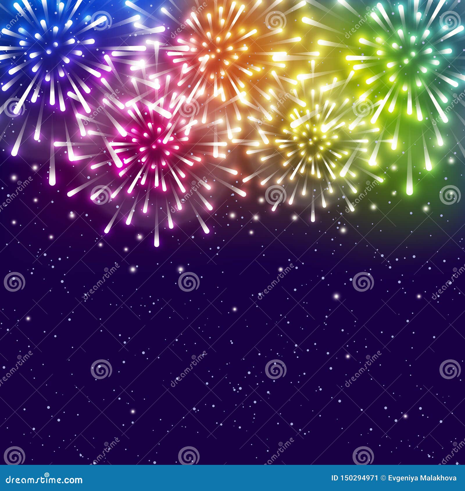 Shiny Fireworks on Starry Sky Background Stock Vector - Illustration of ...
