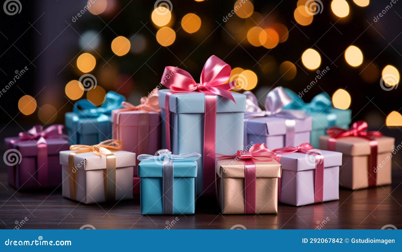 Shiny Gift Box Wrapped in Colorful Christmas Decoration and Illuminated ...