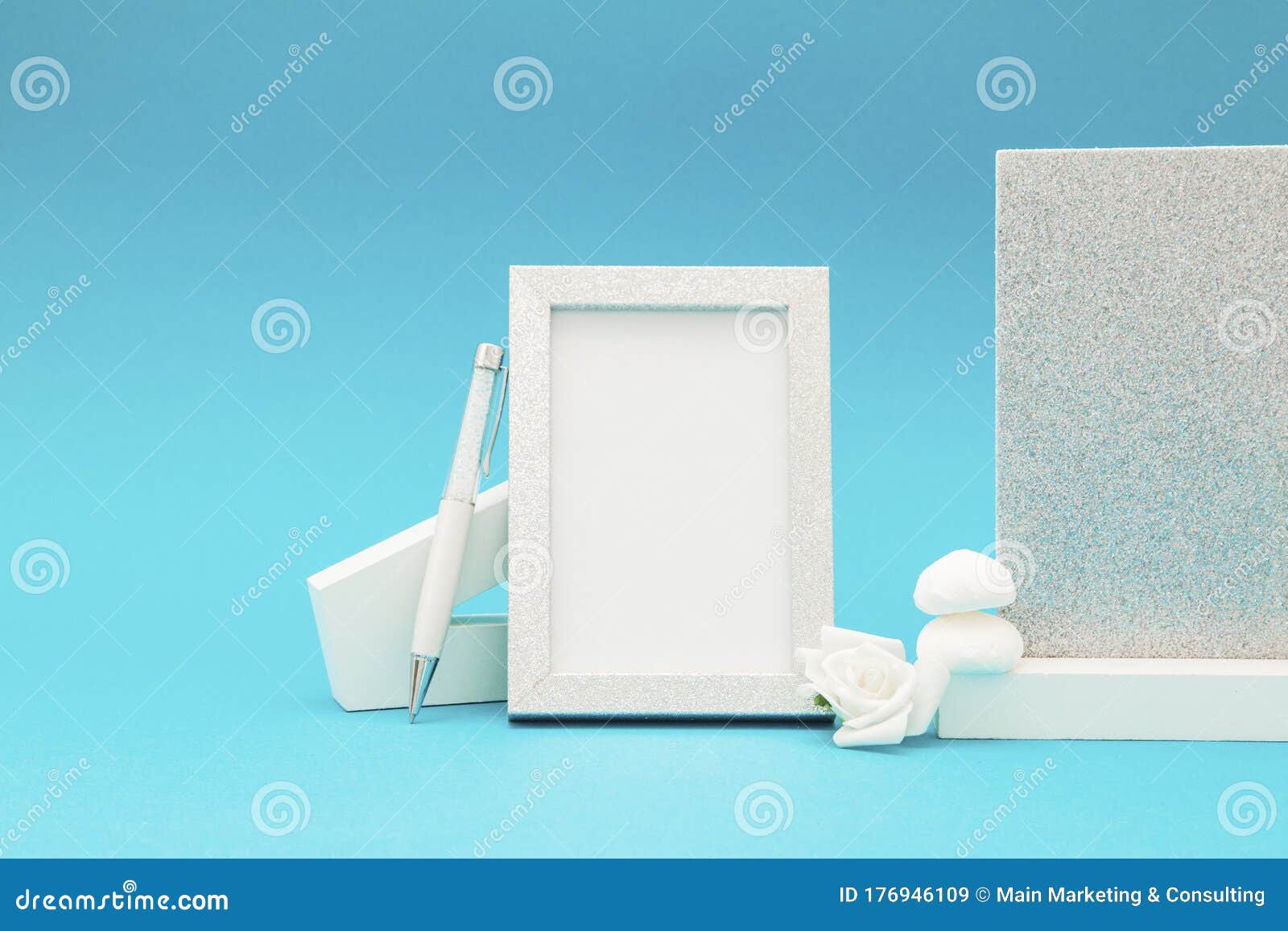 Shiny Grey Frame for Text with Details and Decorations on a Blue ...