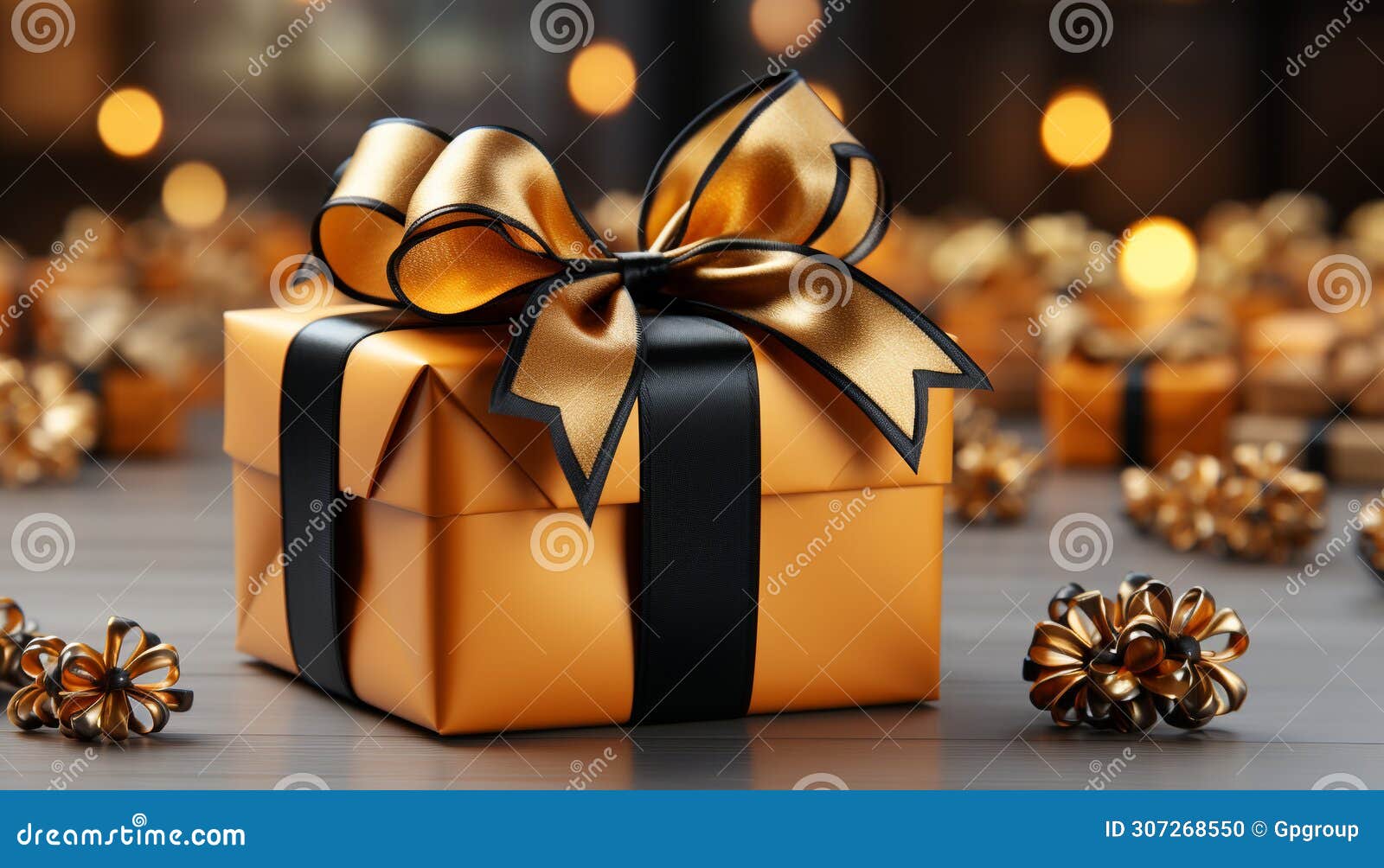 Shiny Gold Box Wrapped in Festive Christmas Decoration Generated by AI ...
