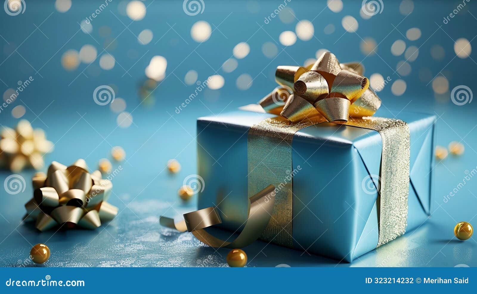 A Shiny Gold Gift Box Wrapped in Blue Wrapping Paper, AI Generative ...
