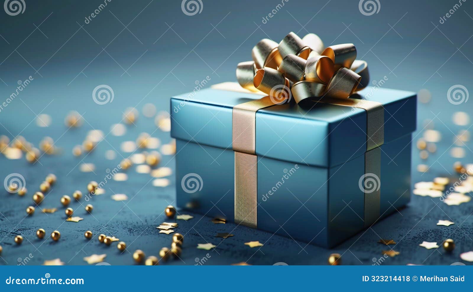 A Shiny Gold Gift Box Wrapped in Blue Wrapping Paper, AI Generative ...