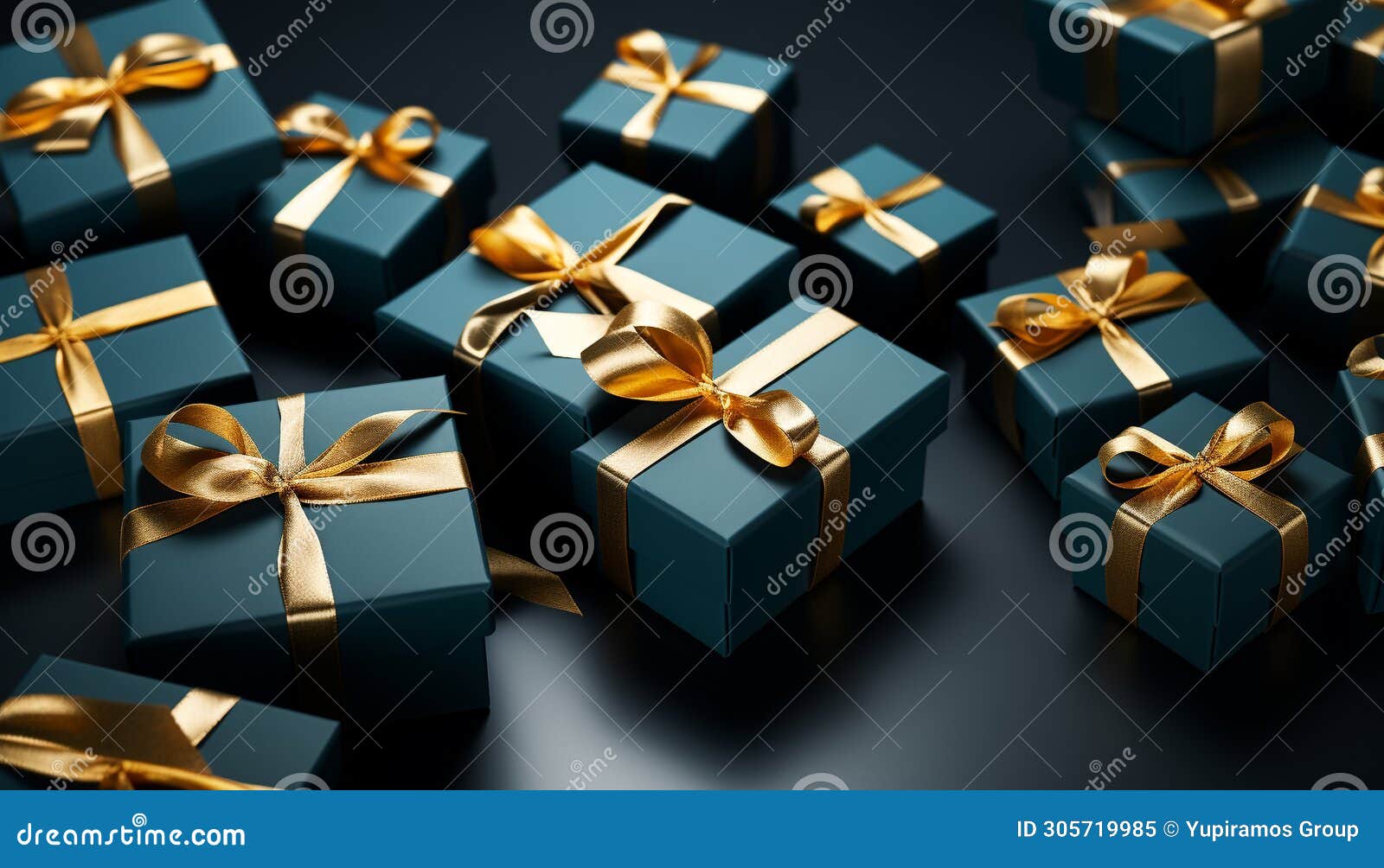 A Shiny Gold Gift Box Wrapped in Blue Wrapping Paper Generated by AI ...