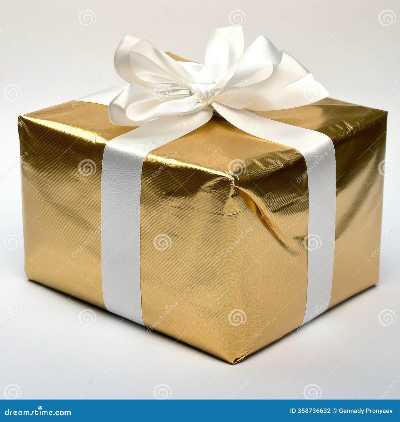 Shiny Gold Gift Box Wrapped in Elegant White Ribbon with Large Bow on ...