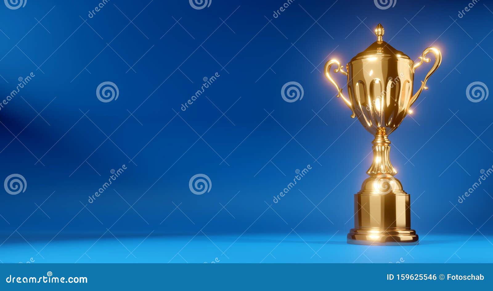 Shiny Gold Trophy on a Blue Background, 3D Render. Stock Illustration ...