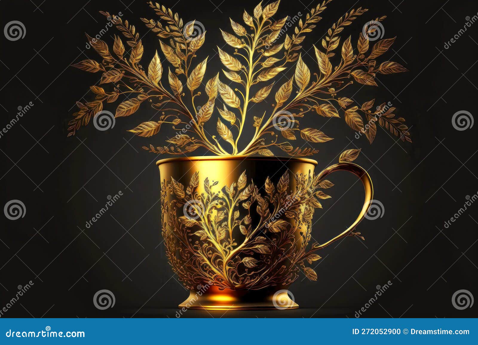 Shiny Golden Cup with Branch Patterns on Dark Background Stock ...