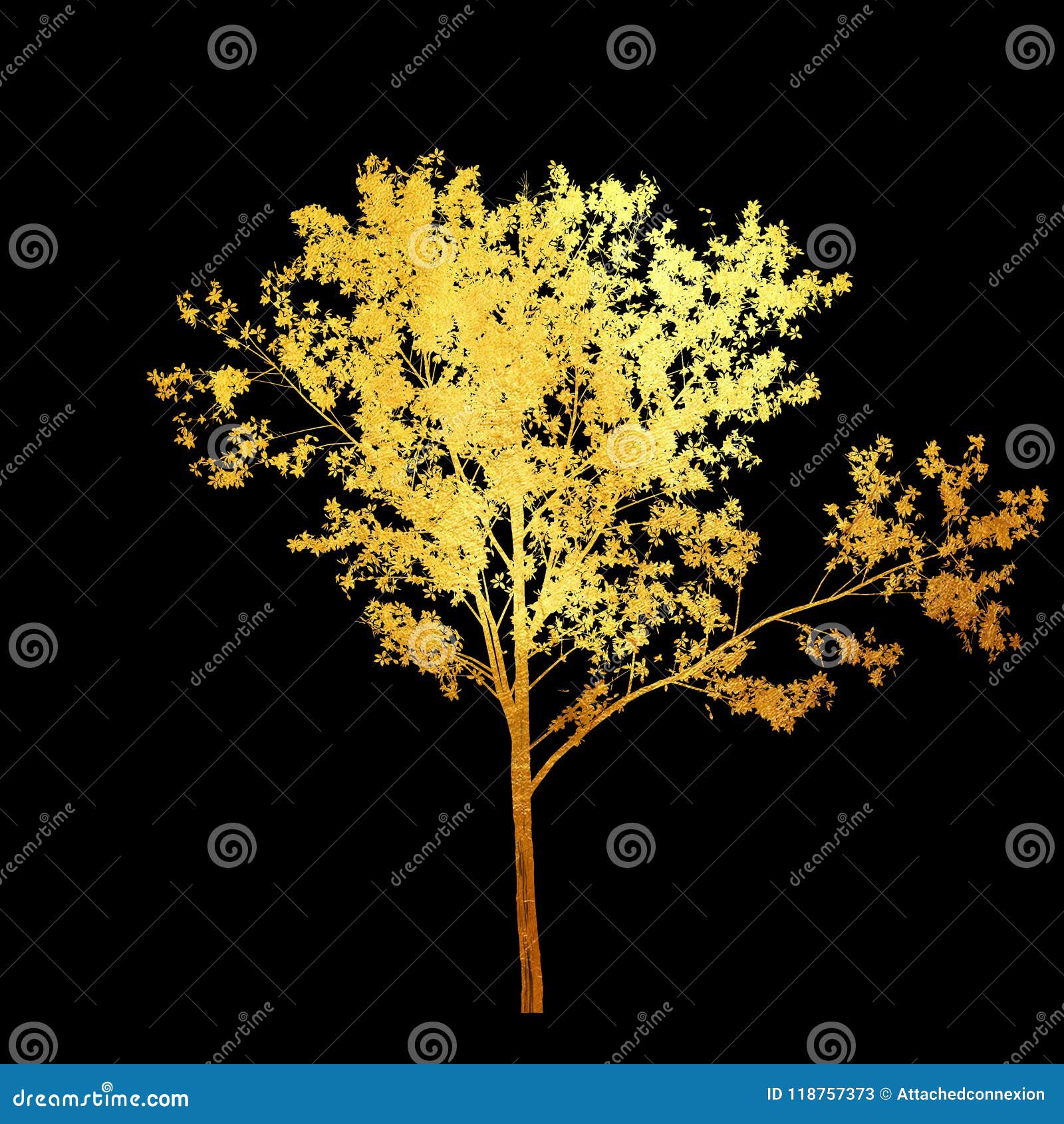 Shiny Golden Tree with Leaves Isolated on Black Background. Design ...
