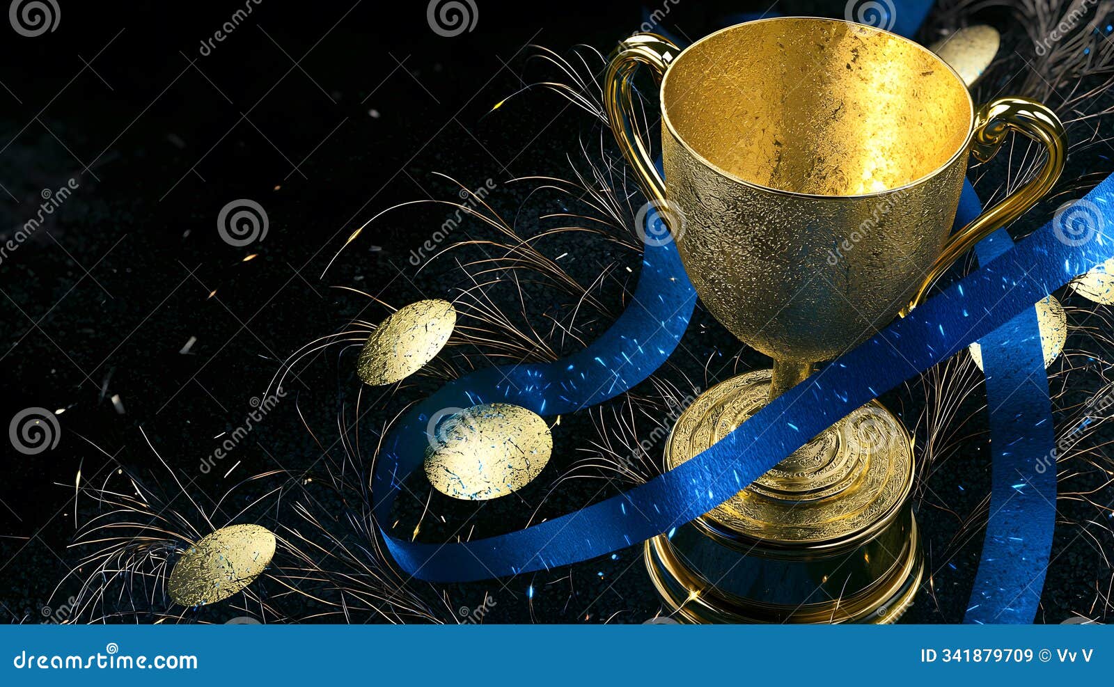 Shiny Golden Trophy Surrounded by Blue Ribbons Stock Image - Image of ...