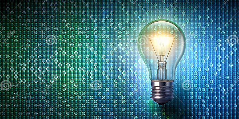 Shiny Light Bulb Blue and Green Wall of Binary Code Waves AI-Generated Content Stock ...