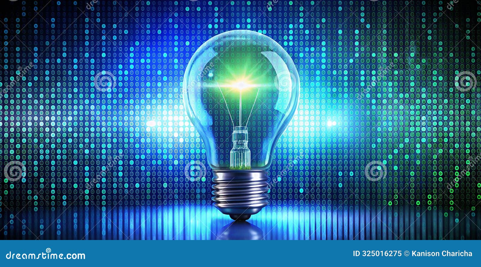 Shiny Light Bulb Blue and Green Wall of Binary Code Waves Generative AI ...