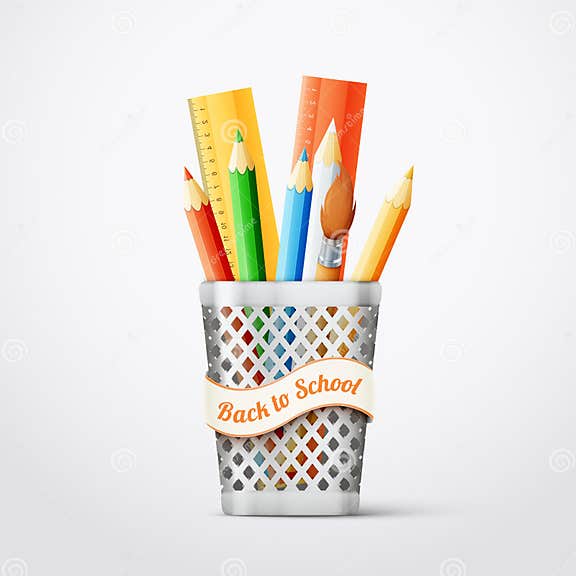 Shiny Metal Backet with School Tools Stock Vector - Illustration of ...