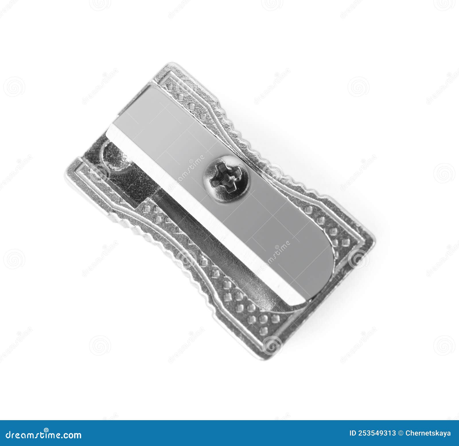 Shiny Metal Pencil Sharpener Isolated on White, Top View Stock Image ...