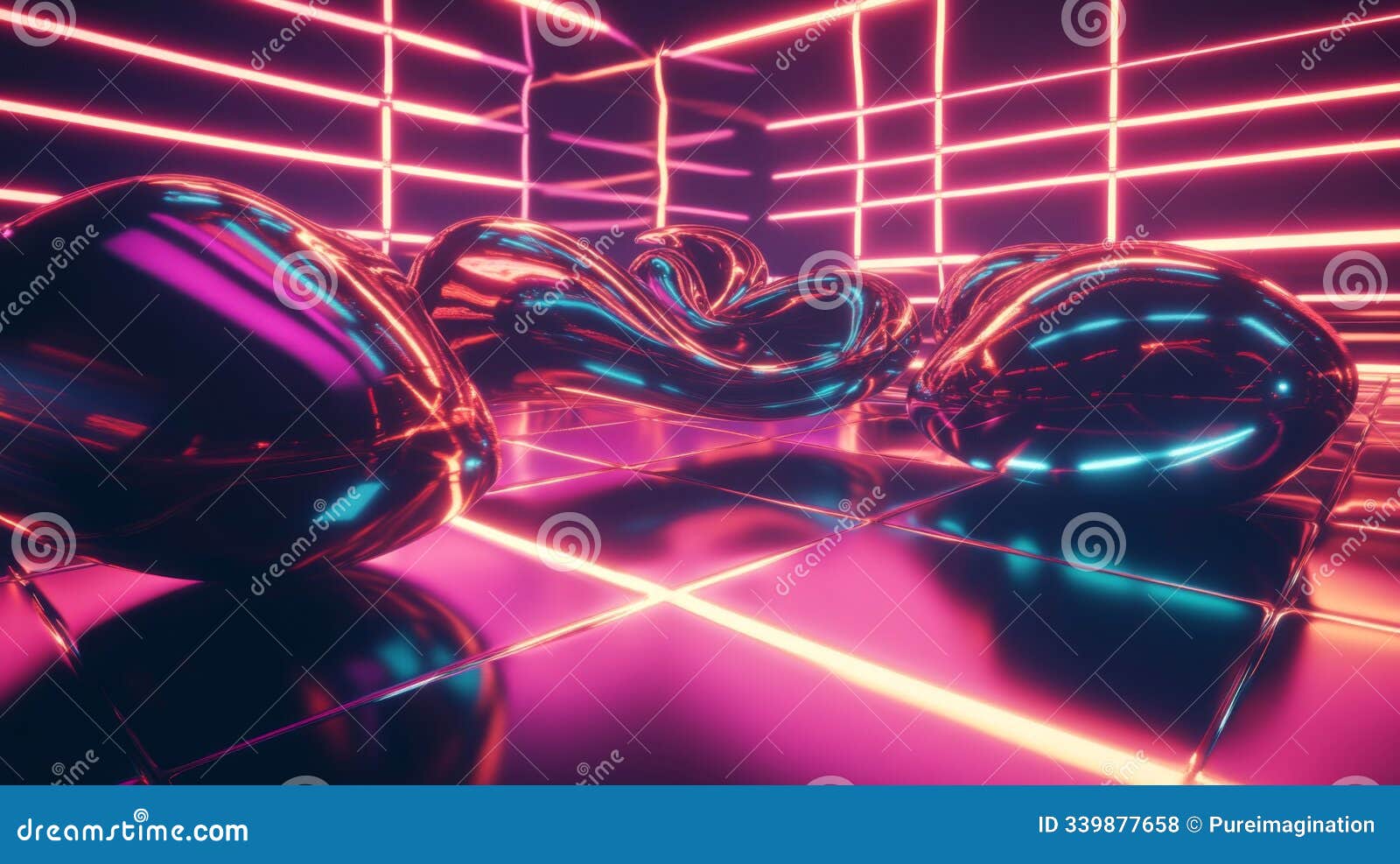 Shiny Metallic Objects in a Neon-Lit Grid Room Stock Illustration ...