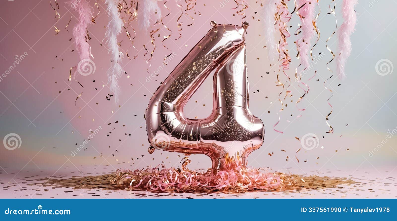 Shiny Number 4 Balloon, Confetti, Festive Background Stock Illustration ...