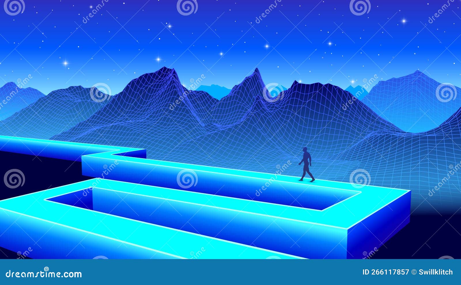 Shiny Path Concept with Human Figure Walking in the Synthwave Landscape ...