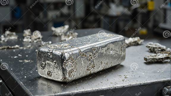 Shiny Platinum Ingot on Steel Table with Tools and Dust Stock ...