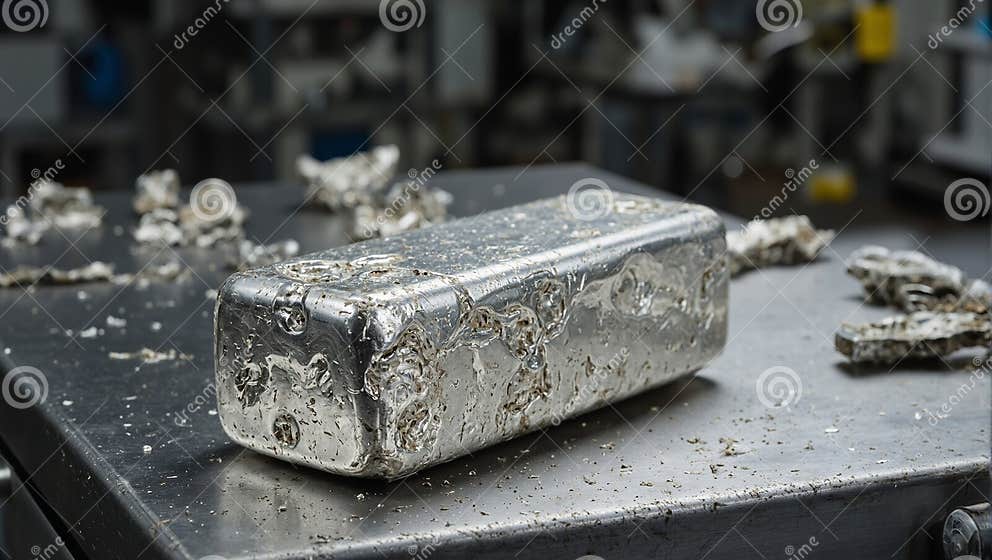 Shiny Platinum Ingot on Steel Table with Tools and Dust Stock ...