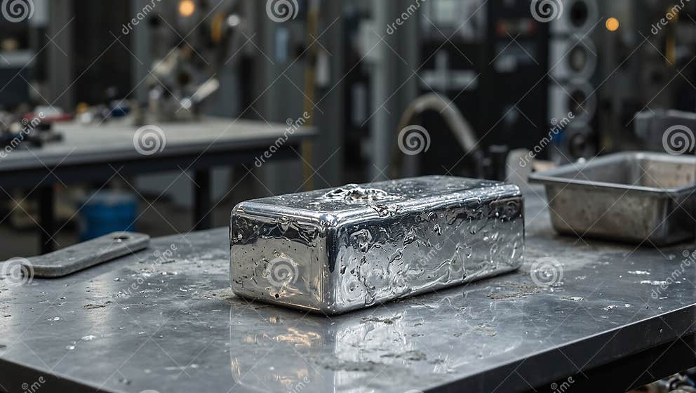 Shiny Platinum Ingot on Steel Table with Tools and Dust Stock ...