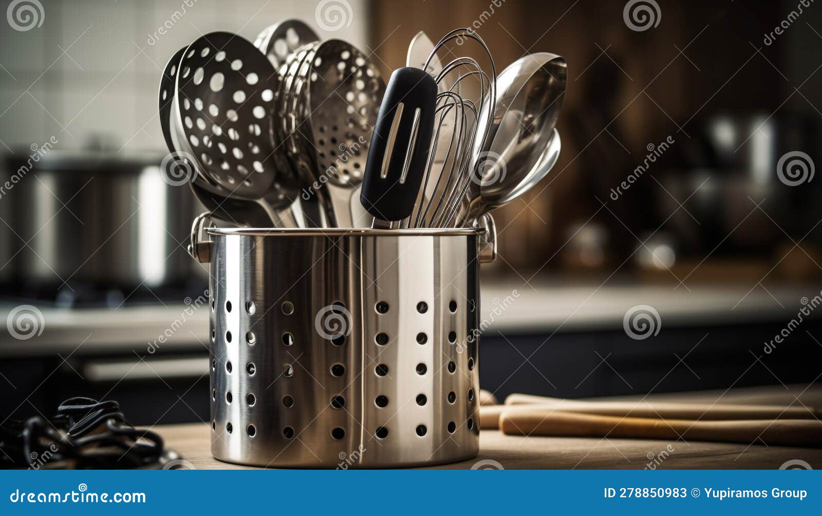 Shiny Silver Kitchen Utensils Set on Wooden Table, Still Life Generated ...