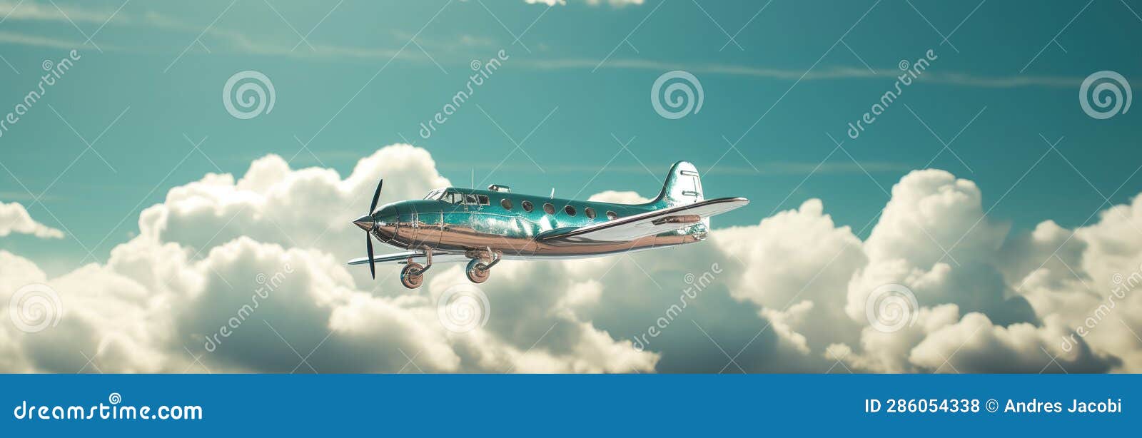 Shiny Silver Model Plain Flying Over the Sky. Miniature Toy Stock Photo ...