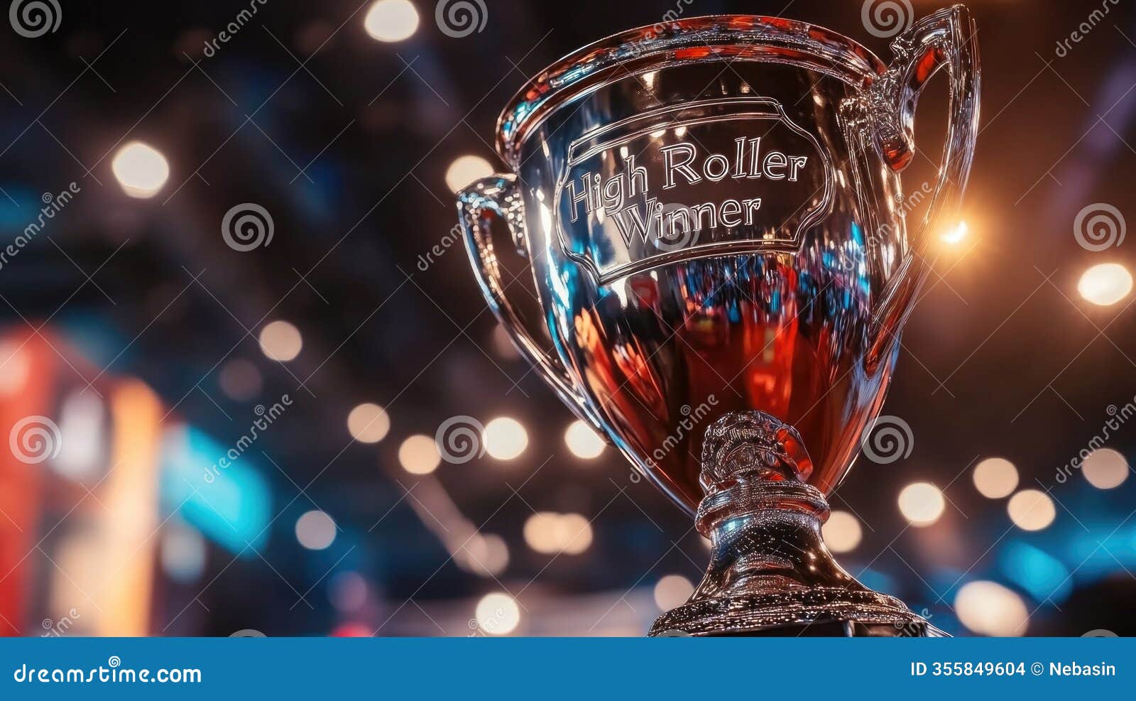 Shiny Silver Trophy with High Roller Winner Engraving Under Bright ...