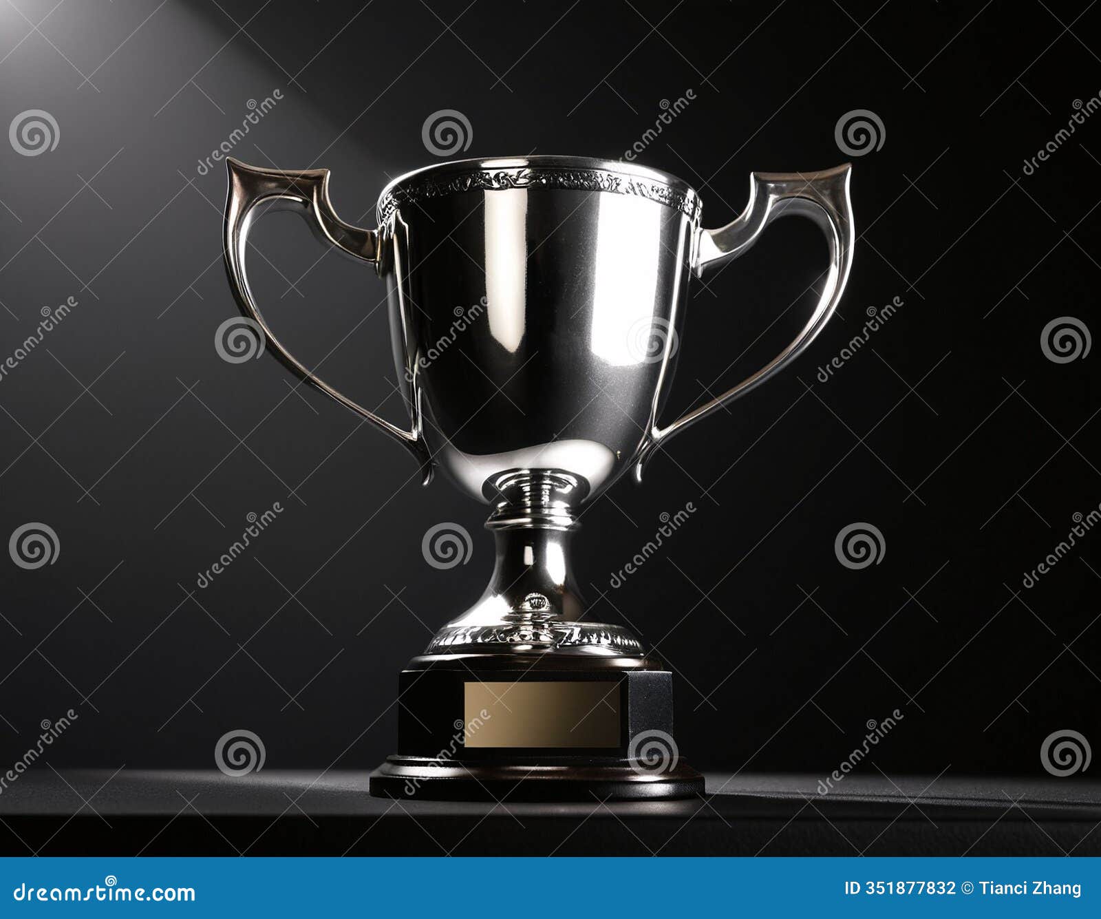 A Shiny Silver Trophy with Two Handles and a Gold Plaque Stands on a ...
